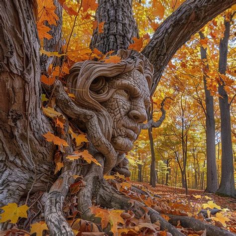 A Massive Maple Tree With The Face Of A Beautiful Young Woman With Long Hair On The Trunk And An