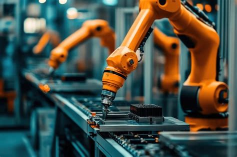 Industrial Robotic Arm Assembling Components On A Production Line Premium Ai Generated Image