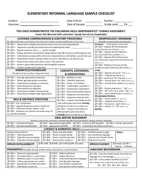 Fillable Online Elementary Informal Language Sample Checklist Fax Email