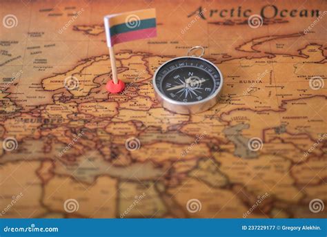 Flag Of Lithuania And Compass Of The World Map Stock Image Image Of Location Border 237229177