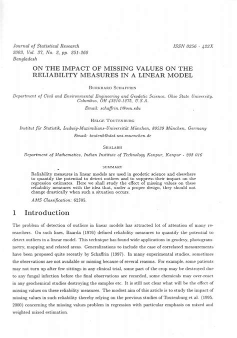 PDF ON THE IMPACT OF MISSING VALUES ON THE RELIABILITY MEASURES IN A LINEAR MODEL