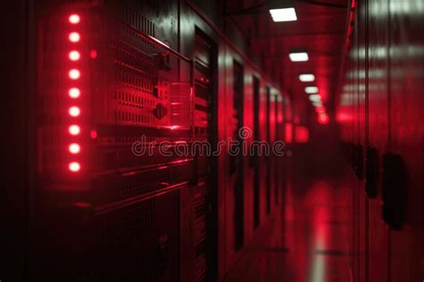 A Row Of Servers With Red Lights In A Server Room Ideal For