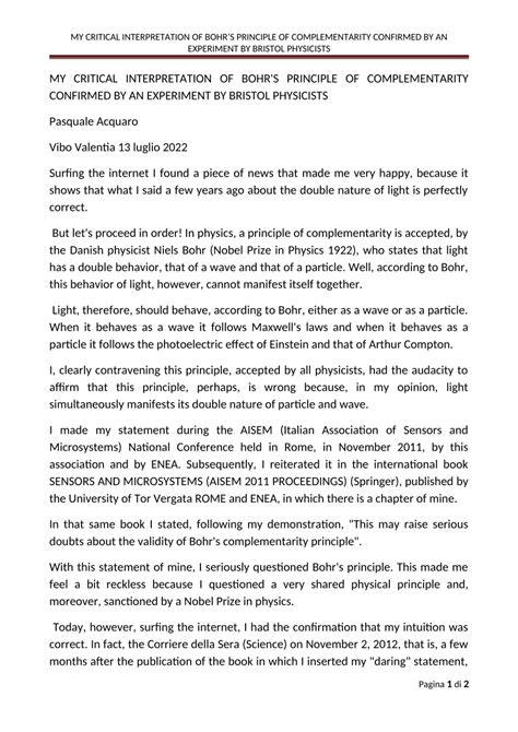 Pdf My Critical Interpretation Of Bohrs Principle Of Complementarity