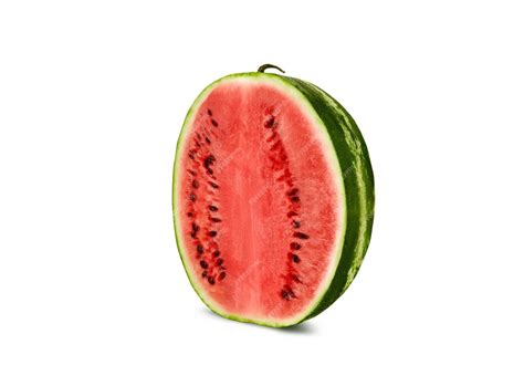 Die Hälfte Der Grün Gestreiften Wassermelone Isoliert Auf Weiß Mit
