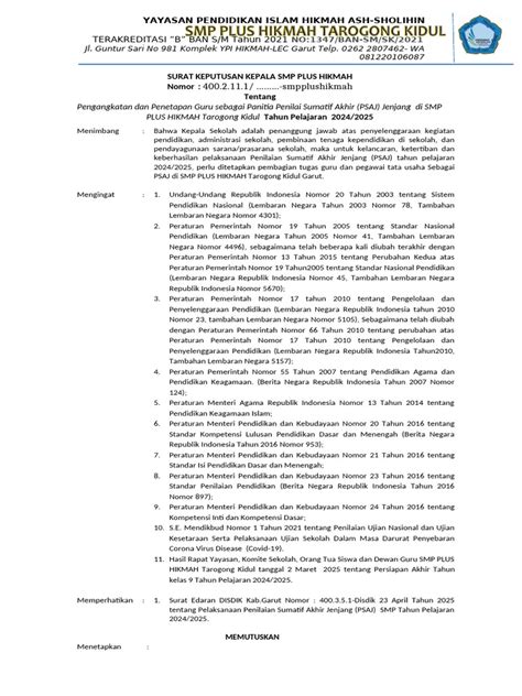 Penetapan Panitia Psaj Smp Plus Hikmah Pdf