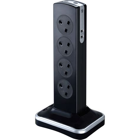 Masterplug Surge Protected 8 Socket Tower 2 Usb 2m Cable Black