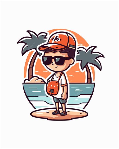 Premium Vector A Boy On The Beach In A Hat And Sunglasses