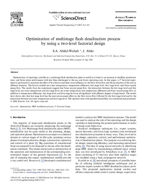 Pdf Optimization Of Multistage Flash Desalination Process By Using A