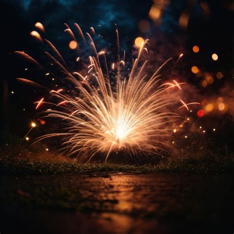 Ground Firework Display At Night With Sparks And Bokeh Lights