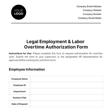 Free Legal Employment And Labor Overtime Authorization Form Template To Edit Online
