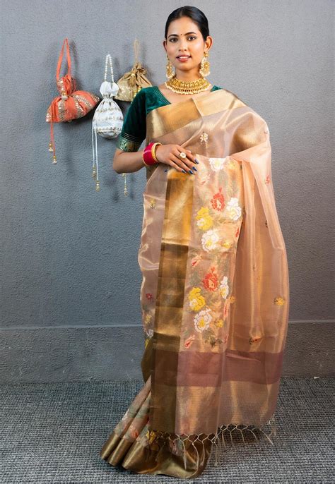 Buy Embroidered Art Kota Tissue Saree In Peach Online Sjn7622 Utsav