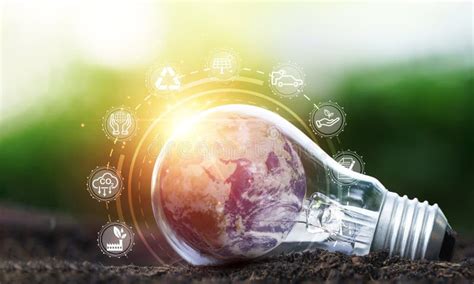 World In Lightbulb With Environment Co2 Reducing Icon For Decrease Carbon Footprint And Credit
