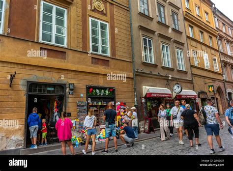 Warsaw Poland Large Crowd People Tourists Visiting Walking Street