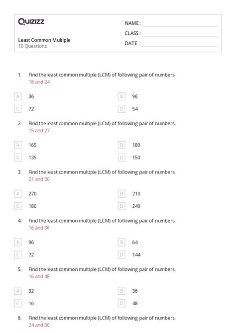 50 least common multiple worksheets for 5th class on quizizz free
