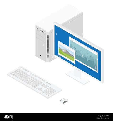 Personal Computer Case Keybord Mouse Monitor With City And Mountain Landscape Isometric View
