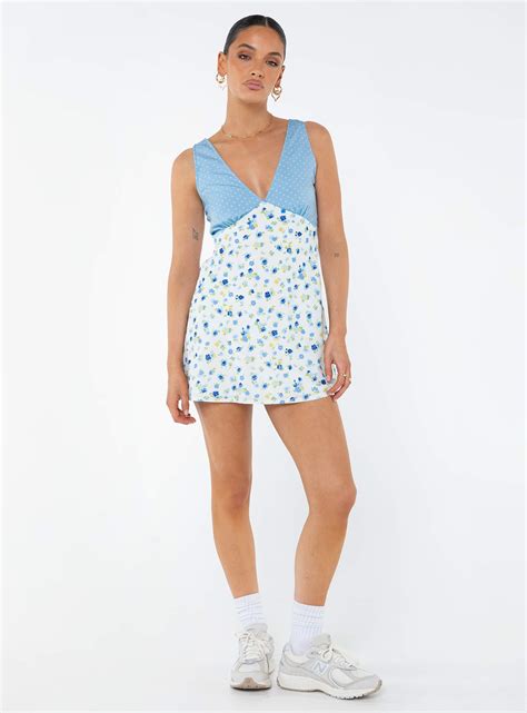Nellie Spliced Mini Dress Blue White Princess Polly