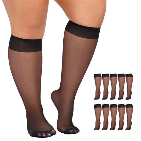 Manzi 10 Pairs Plus Size Knee High Stockings For Women 15d Sheer Nylons