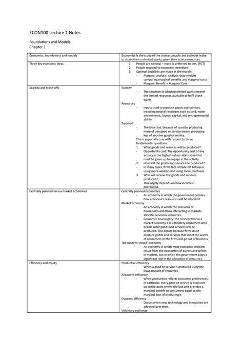 ECON100 Lecture 1 Notes ECON100 Lecture 1 Notes Foundations And Models Chapter 1 Economics