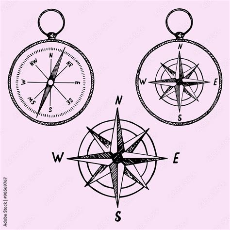 Set Of The Compass Doodle Style Sketch Illustration Hand Drawn