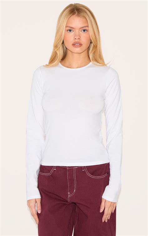 White Basic Cotton Long Sleeve Fitted T Shirt Tops Prettylittlething Ca
