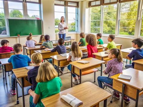A Classroom With A Green Chalkboard And A Teacher Standing In Front Of It Premium Ai Generated