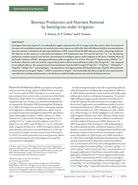 Pdf Biomass Production And Nutrient Removal By Switchgrass Under