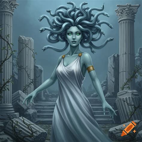 A Close Up Of A Green Skinned Medusa With Glowing Blue Eyes And Vibrant