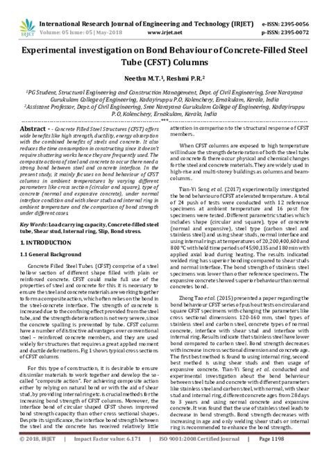 Pdf Irjet Experimental Investigation On Bond Behaviour Of Concrete Filled Steel Tube Cfst