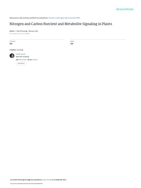 Nitrogen And Carbon Nutrient And Metabolite Signaling In Plants Pdf