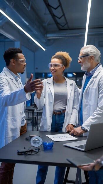 Científicos Y Científicas Multiétnicos De Pie En El Laboratorio De Alta Tecnología Al Lado De La