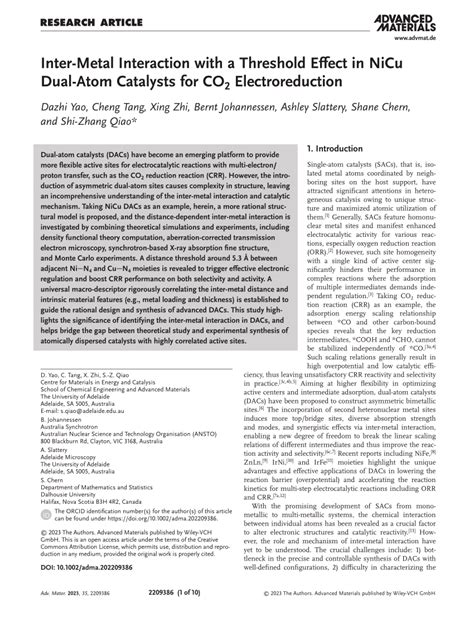 Pdf Inter‐metal Interaction With A Threshold Effect In Nicu Dual‐atom Catalysts For Co2