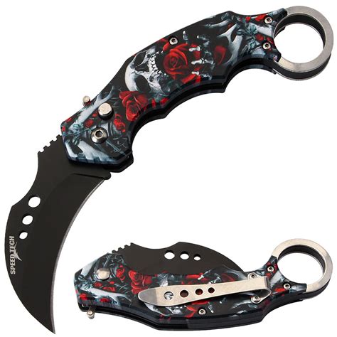 Automatic Karambit Knife 3d Printed Red Rose And Skull Handle Edge Import