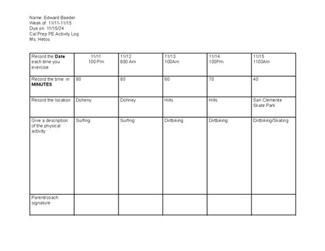 Blank Pe Log Fall 2024 Name Edward Baeder Week Of 11 11 11 Due On 11 15 Cal Prep Pe