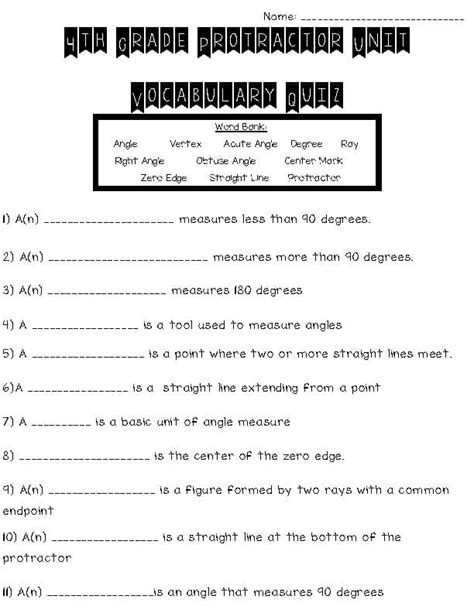 4th Grade Protractor Unit Vocabulary Test By Trisha Prater Tpt