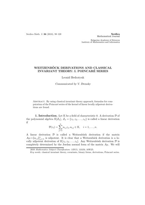 Pdf Weitzenböck Derivations And Classical Invariant Theory I