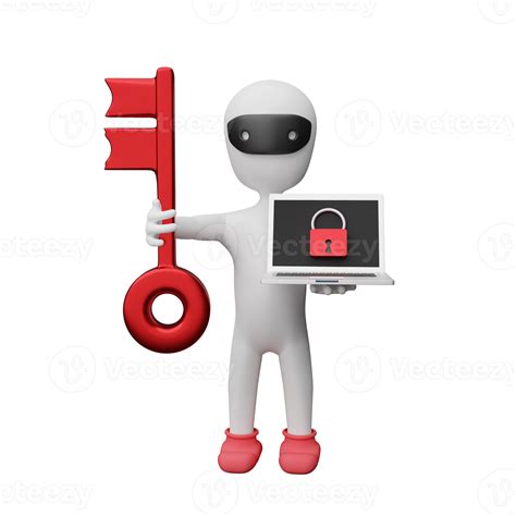 Hacker Stick Man With Key And Laptop Isolated 3d Illustration Or 3d