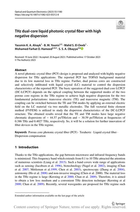 Pdf Thz Dual Core Liquid Photonic Crystal Fiber With High Negative
