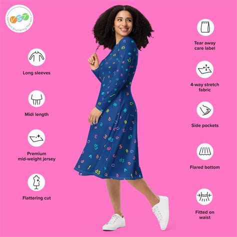 Ipa Phonetic Symbol Long Sleeve Midi Dress Blue Long Sleeve Print Dress Long Sleeve Midi