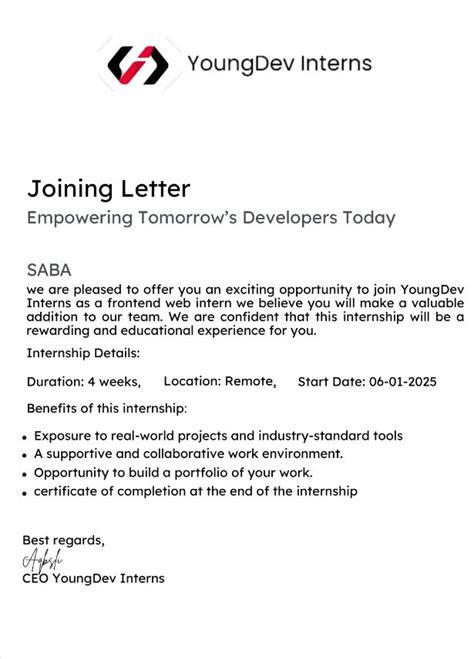 Webdevelopment Internship Careerjourney Youngdev Saba Kumbhar