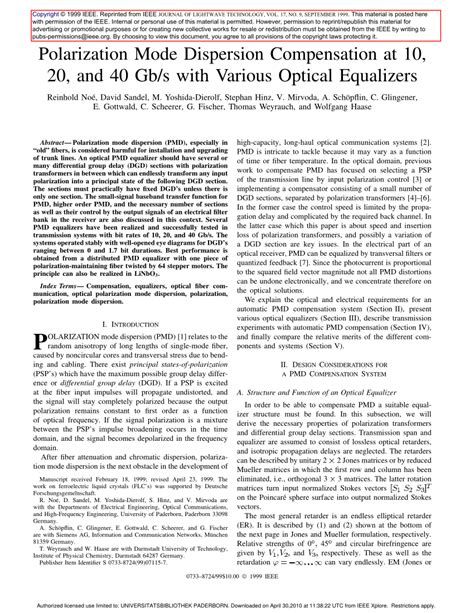 Pdf Polarization Mode Dispersion Compensation At 10 20 And 40 Gbs