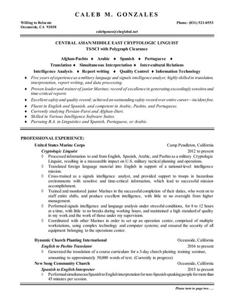 Caleb Gonzales Cryptologic Linguist Resume Docx Technology And Computing