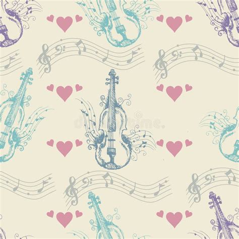 Hand Drawn Musical Violin Pattern With Notes And Hearts Stock Vector