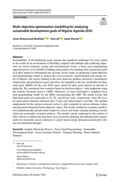 Pdf Multi‑objective Optimization Modelling For Analysing Sustainable