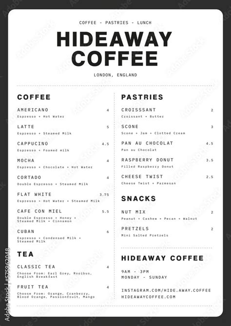 Coffee Menu Restaurant Coffee Shop Cafe Menu Layout Hipster Style Minimal Stock Vector