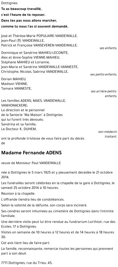 Avis De Décès De Fernande Adens Décédé Le 21102014 à Dottenijs