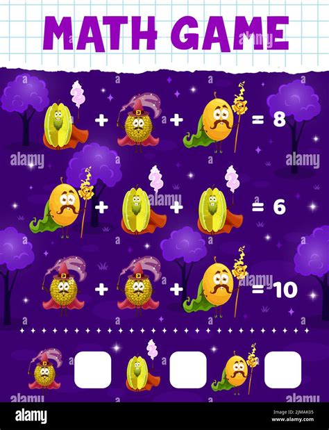 Carambola Durian And Melon Wizard Characters Math Game Worksheet