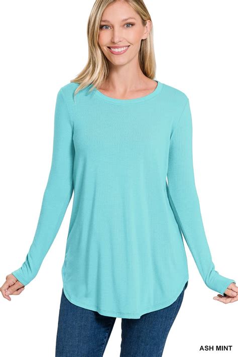 Zenana Womens Relaxed Fit Long Sleeve Round Neck And Hem Jersey Tee