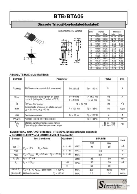 Bta06 Datasheet To 220ab Triacs Sirectifier Semiconductors