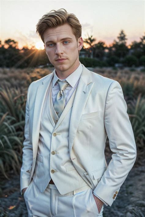 Man In Dapper Suit Radiating Allure Under The Soft Glow Of A Sunset