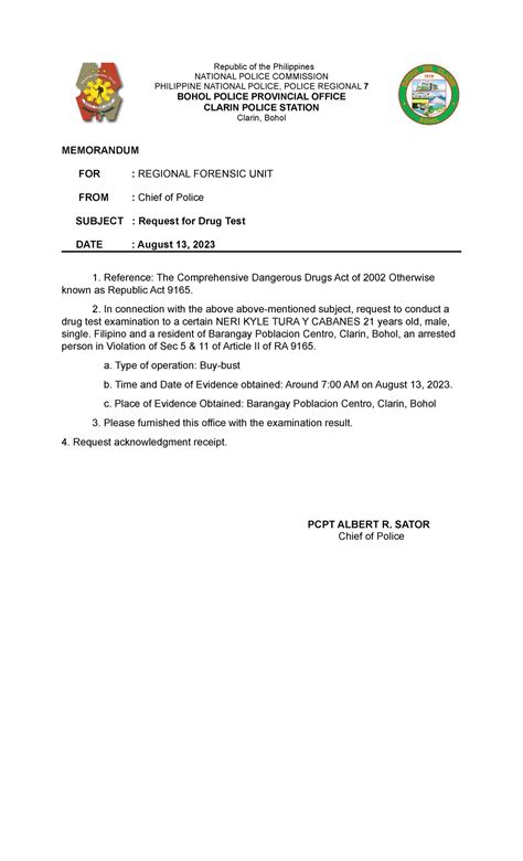 Request For Drug Test Dvx Xv Republic Of The Philippines National